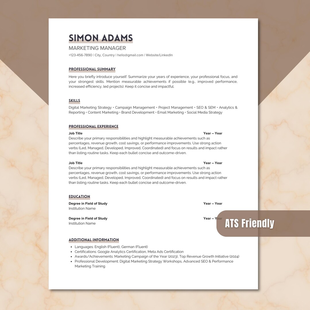 ATS Friendly Resume Template | Modern Minimal Canva CV (digital ...