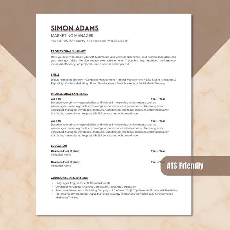 ATS Friendly Resume Template | Modern Minimal Canva CV (digital ...