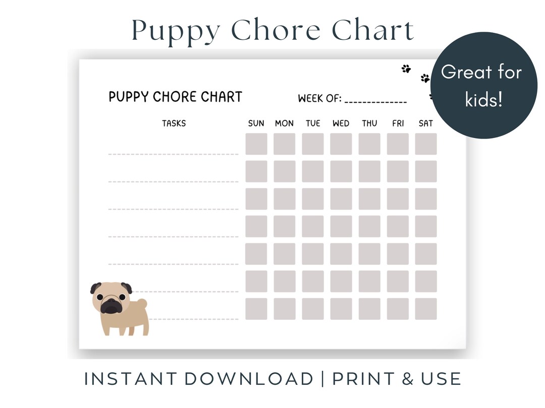 Pug Puggle Dog Puppy Chore Chart | Kids Chore Chart | New Puppy Chore ...