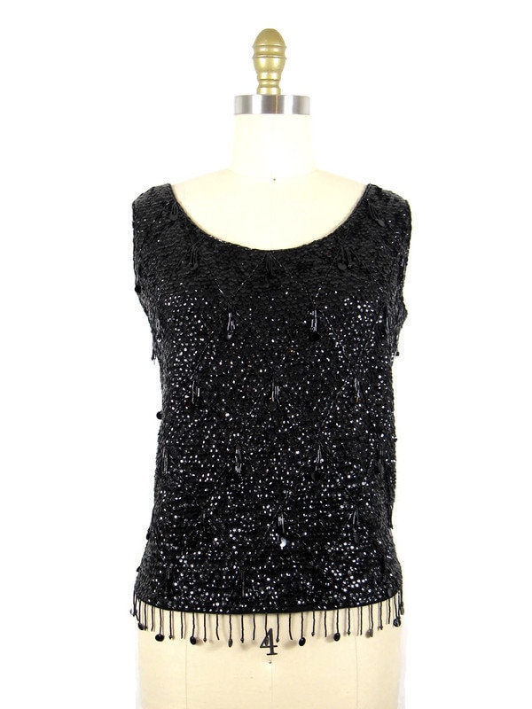 Vintage 1960s Black Sequin Knit Shell Top Blouse Size M/L | Etsy