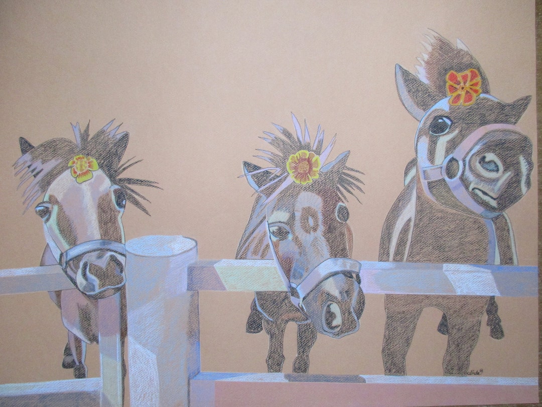 Three Ponies Original Drawing on Pastel Paper - Etsy