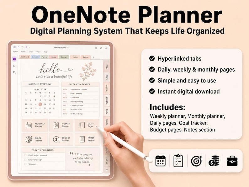 Onenote Digital Planner | Undated Hyperlinked Productivity System ...