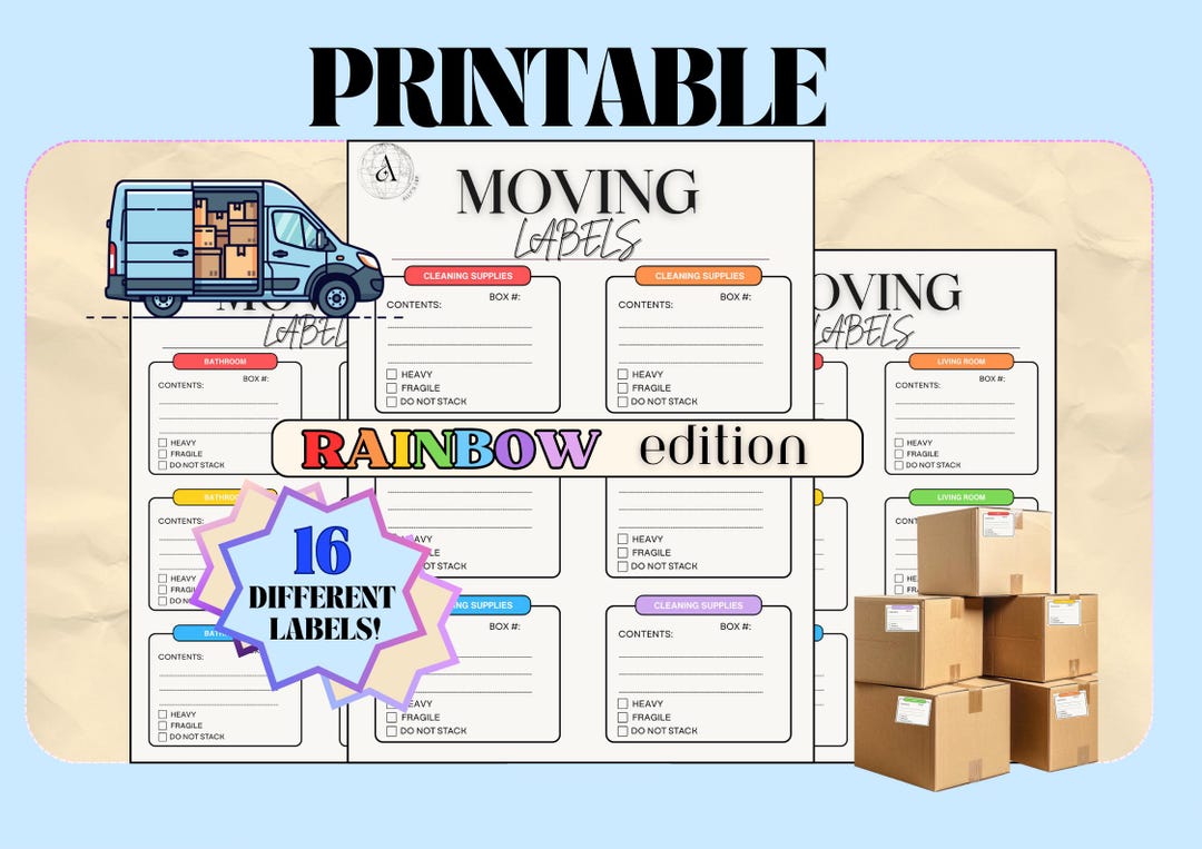 Rainbow Moving Box Labels Printable, 16 Pages, 6 per Page, Packing ...