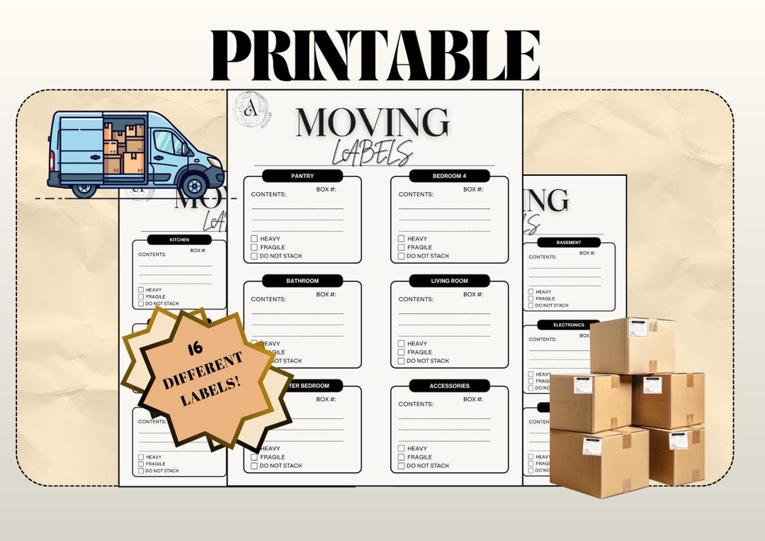 Printable Moving Box Labels, Black & White, 16 Pages, 6 Labels per Page ...