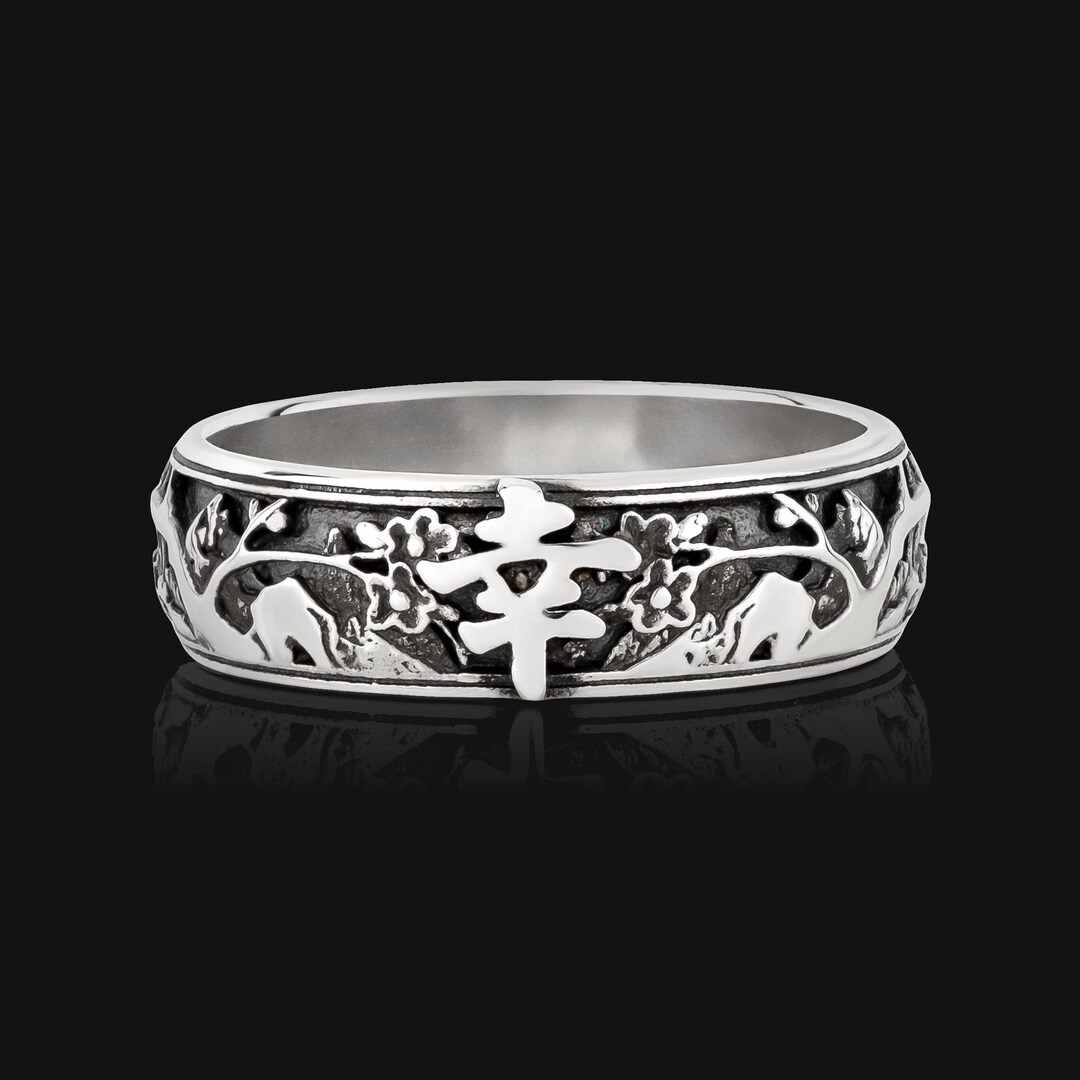 Men’s Chinese Symbol Ring, Sterling Silver Engraved Band, Longevity ...