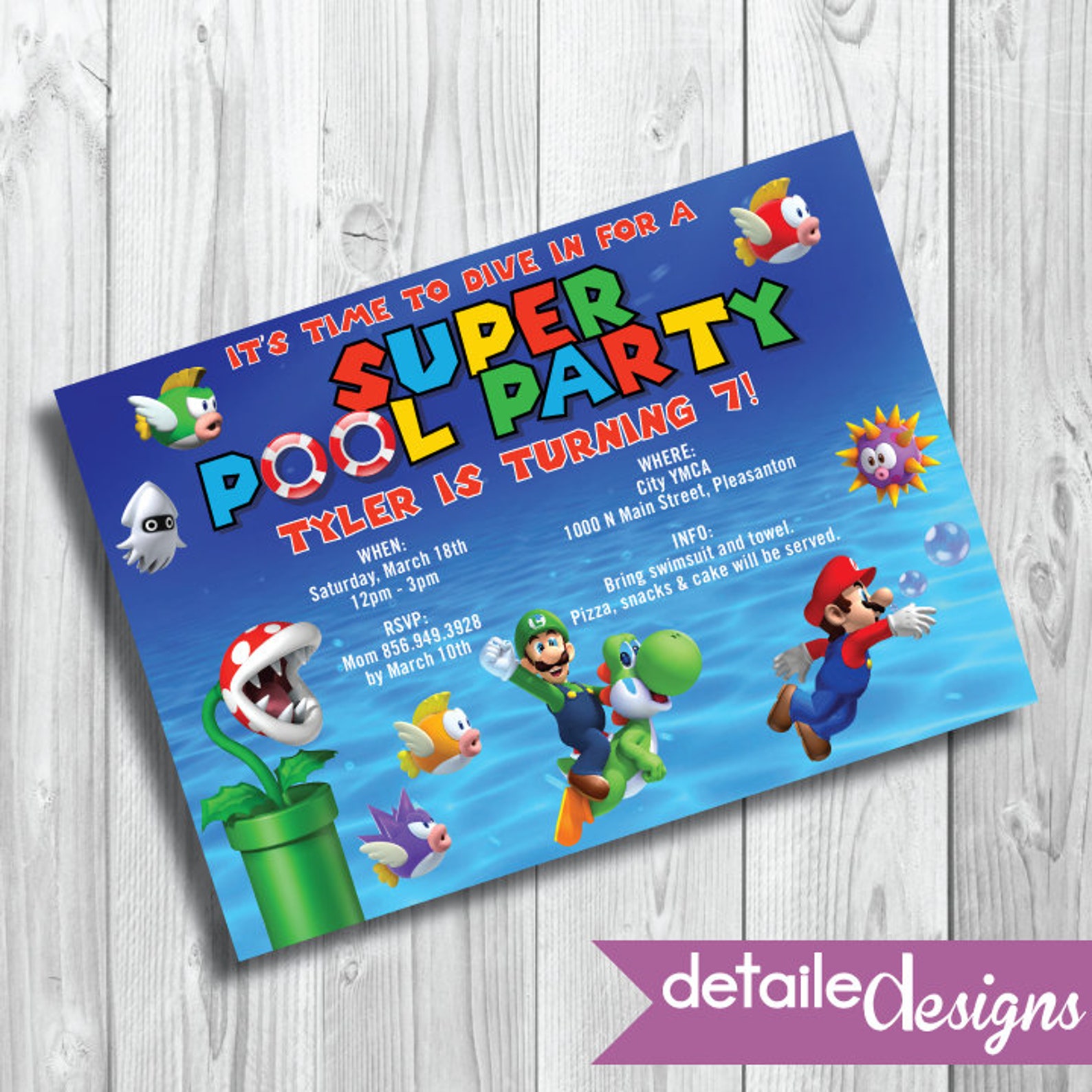 SUPER MARIO BROS Pool Party Invitation Birthday Kid's | Etsy