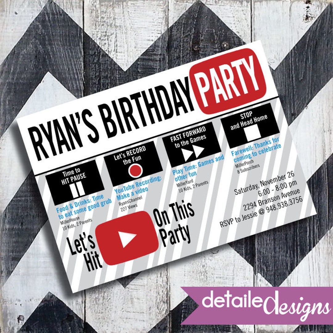 YOUTUBE BIRTHDAY Party Invitation, Birthday, Kid's Party, Baby Shower ...