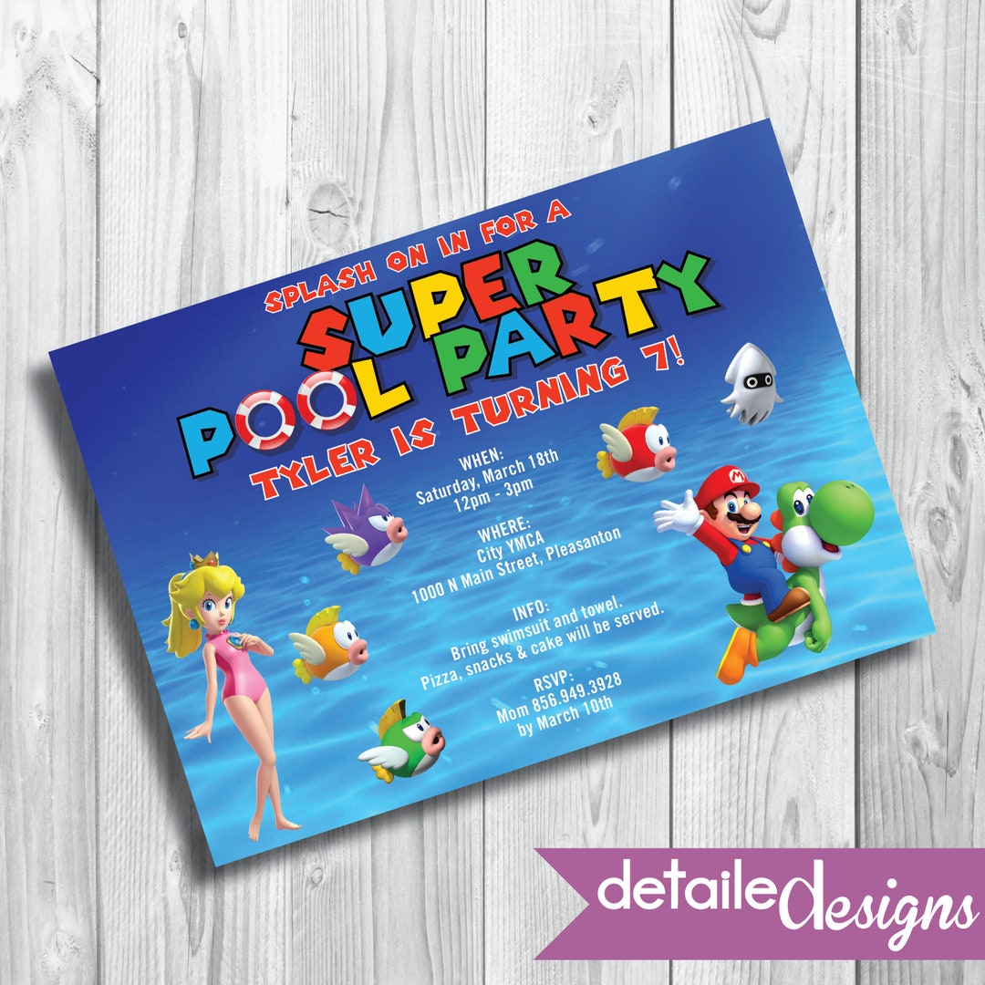 SUPER MARIO POOL Party Invitation, Birthday, Kid's Party, Baby Shower ...