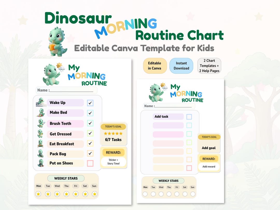 Dinosaur Morning Routine Chart for Kids, Editable Canva Template ...