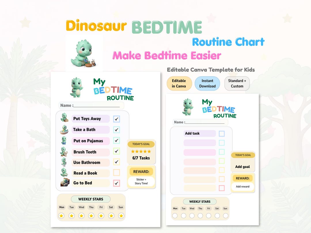 Dinosaur Bedtime Routine Chart for Kids, Editable Canva Template ...