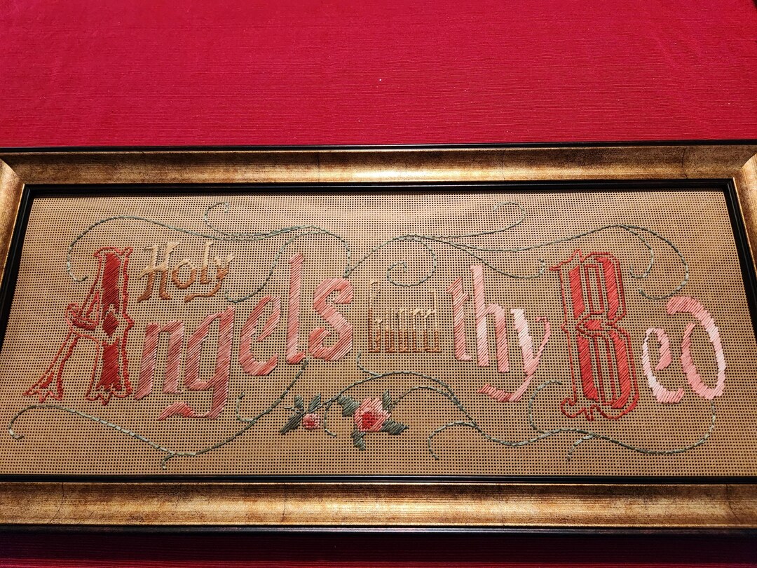 New, STITCHED AND FRAMED! Holy Angels Guard Thy Bed, 8x20 Inches, Motto ...