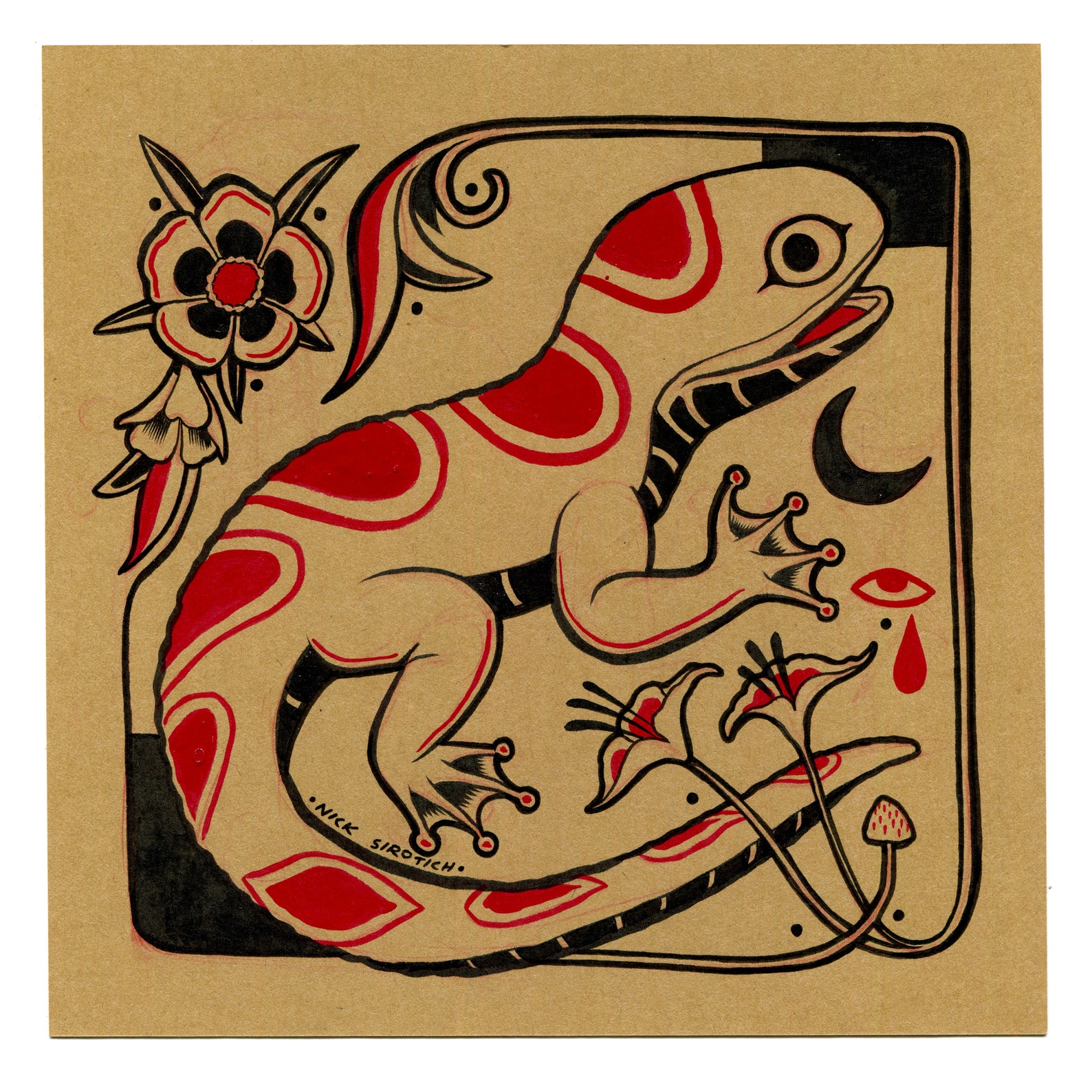 Salamander_ Brown Paper Ink Drawing 6''x6'' - Etsy
