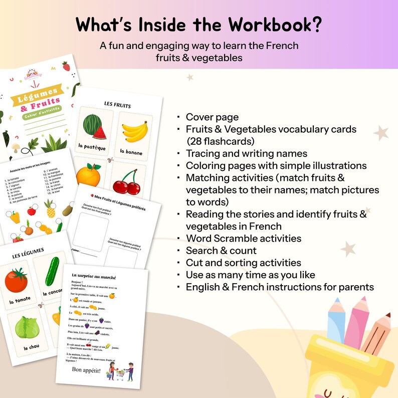 French Fruits & Vegetables Workbook for Kids | Preschool Coloring and ...