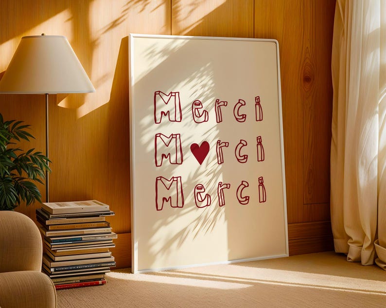 Hand-drawn Merci Typography Print, Romantic French Wall Art (digital ...