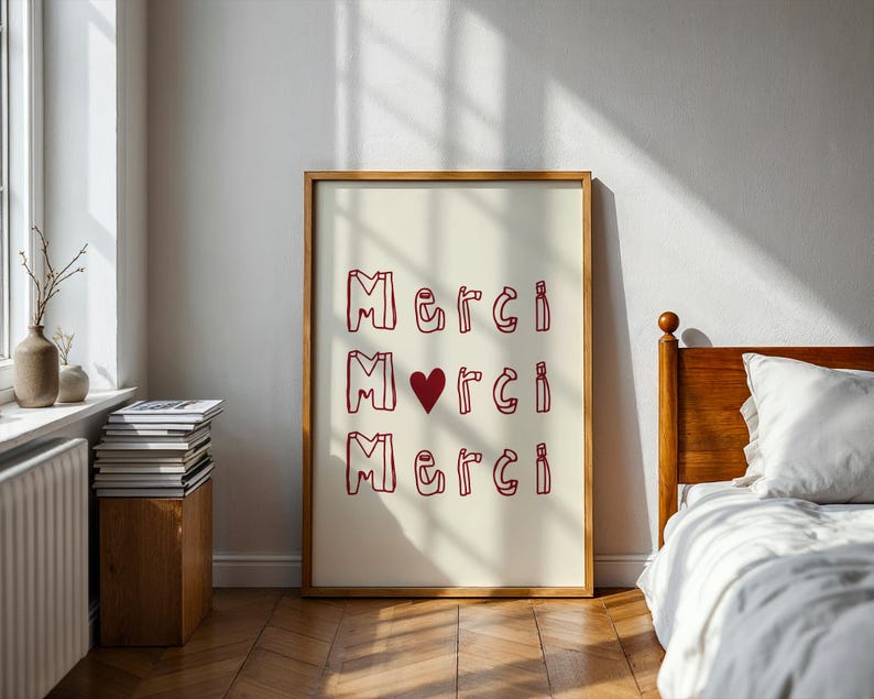 Hand-drawn Merci Typography Print, Romantic French Wall Art (digital ...