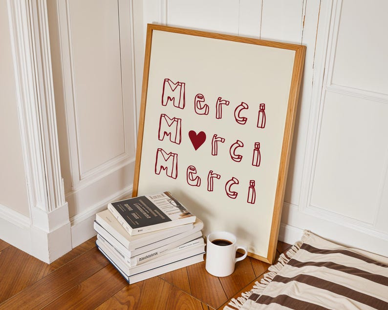 Hand-drawn Merci Typography Print, Romantic French Wall Art (digital ...