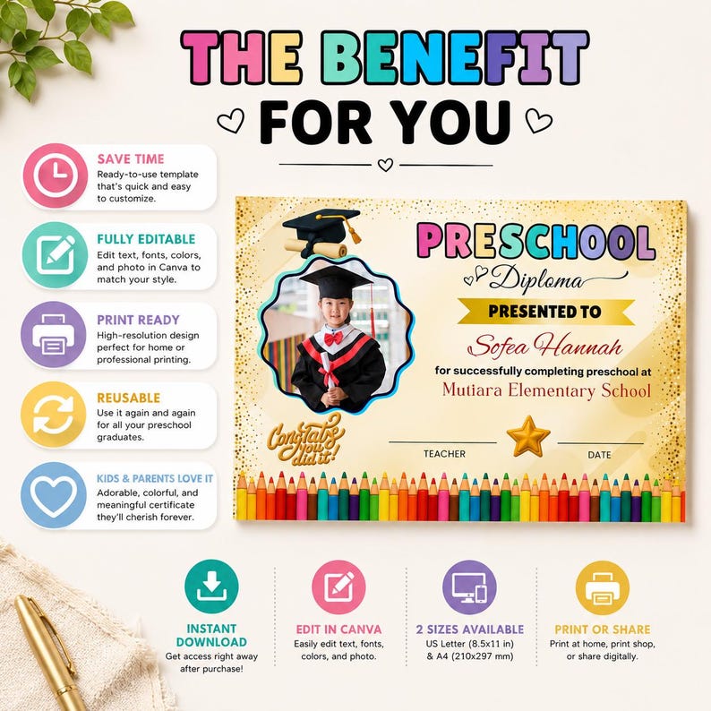 Editable Preschool Diploma Certificate Template, Kids Graduation Award ...