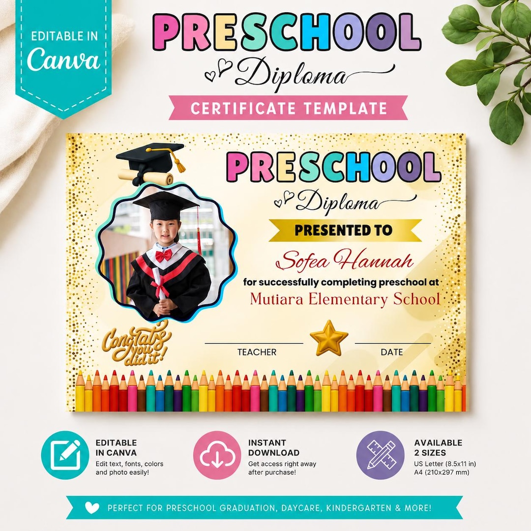 Editable Preschool Diploma Certificate Template, Kids Graduation Award ...
