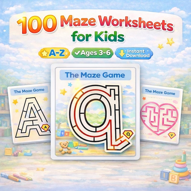 100 Maze Worksheets for Kids | Alphabet, Number, Shape Mazes (ages 3-6 ...