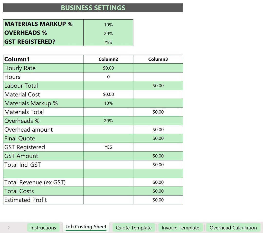 Australian Tradie Quote & Job Costing Excel Template - GST Ready ...