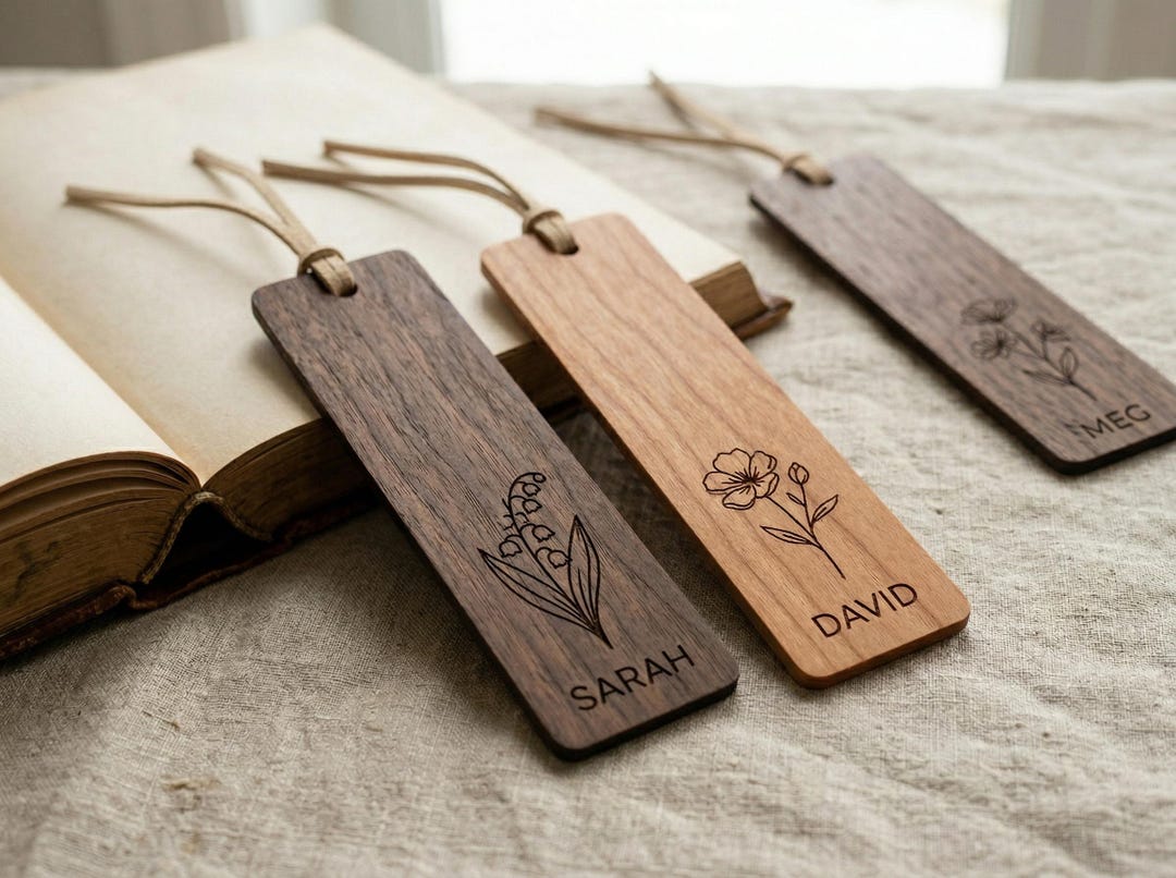 Personalized Wooden Bookmark, Custom Birth Flower Engraved, Suede Cord ...