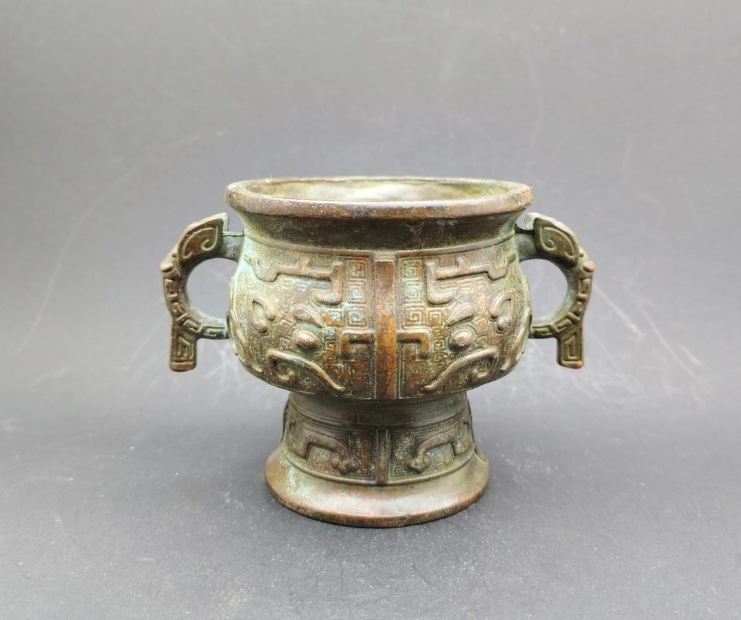 Vintage Brass Taotie Mask Gui Statue | Traditional Shang Dynasty Decor ...