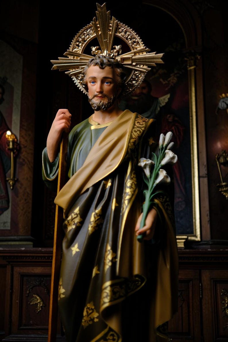 Hand-painted Saint Joseph Statue With Lily, Gold Ornament Details ...