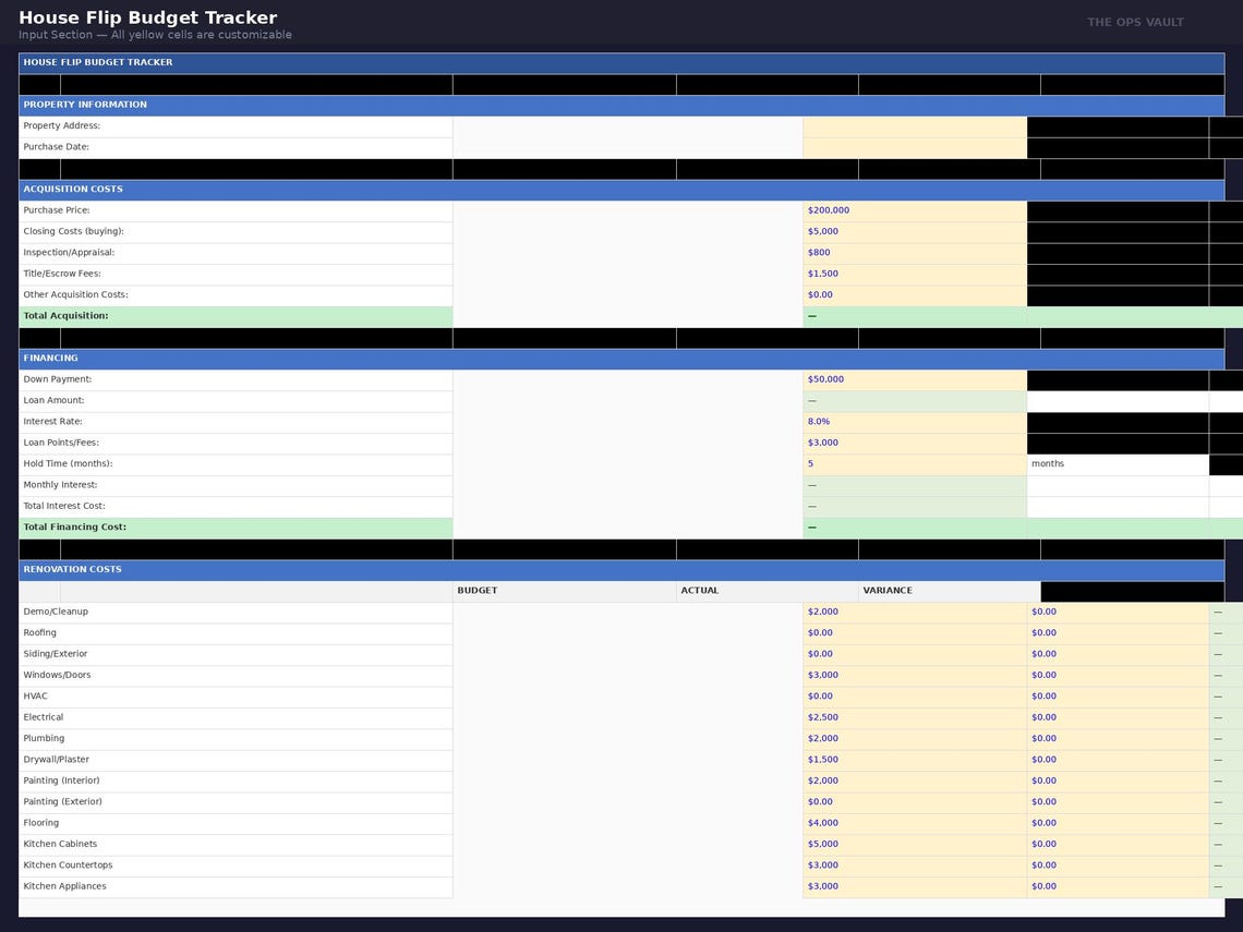 House Flip Budget Tracker Spreadsheet | Fix and Flip Real Estate Excel ...