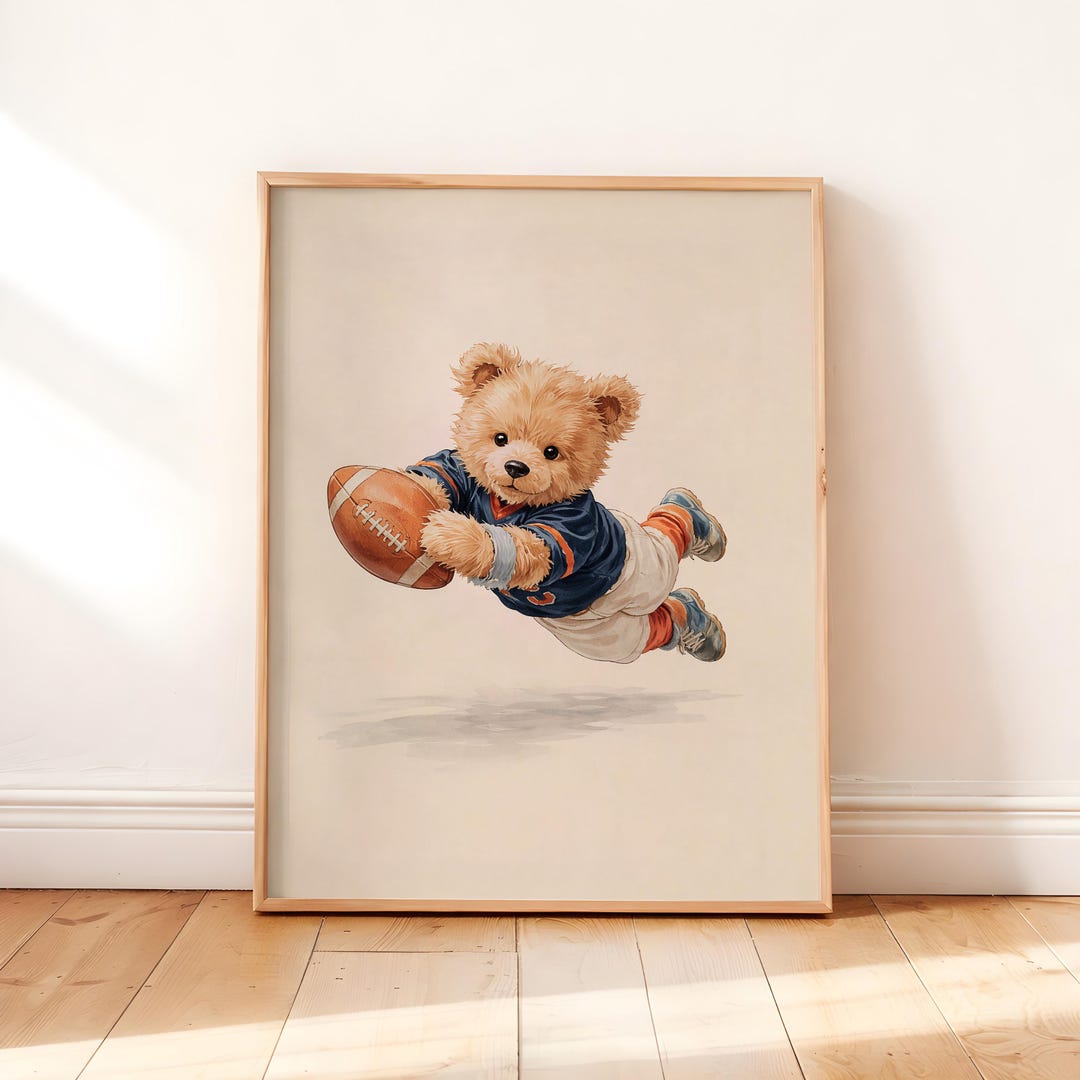 Vintage Rugby Teddy Bear Watercolor Print, Sports Nursery Wall Art ...