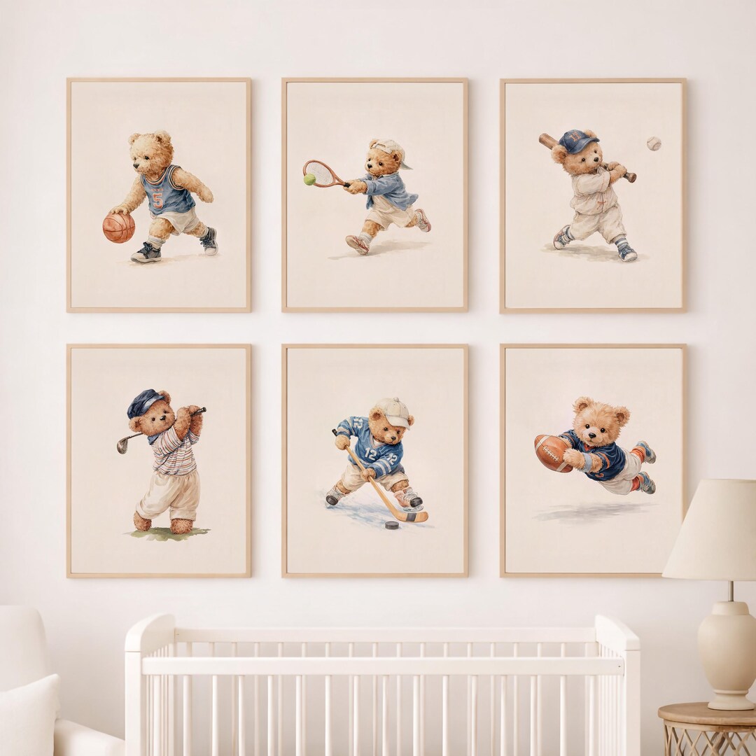 Teddy Bear Sports Art Print Set: Vintage Watercolor Illustrations ...