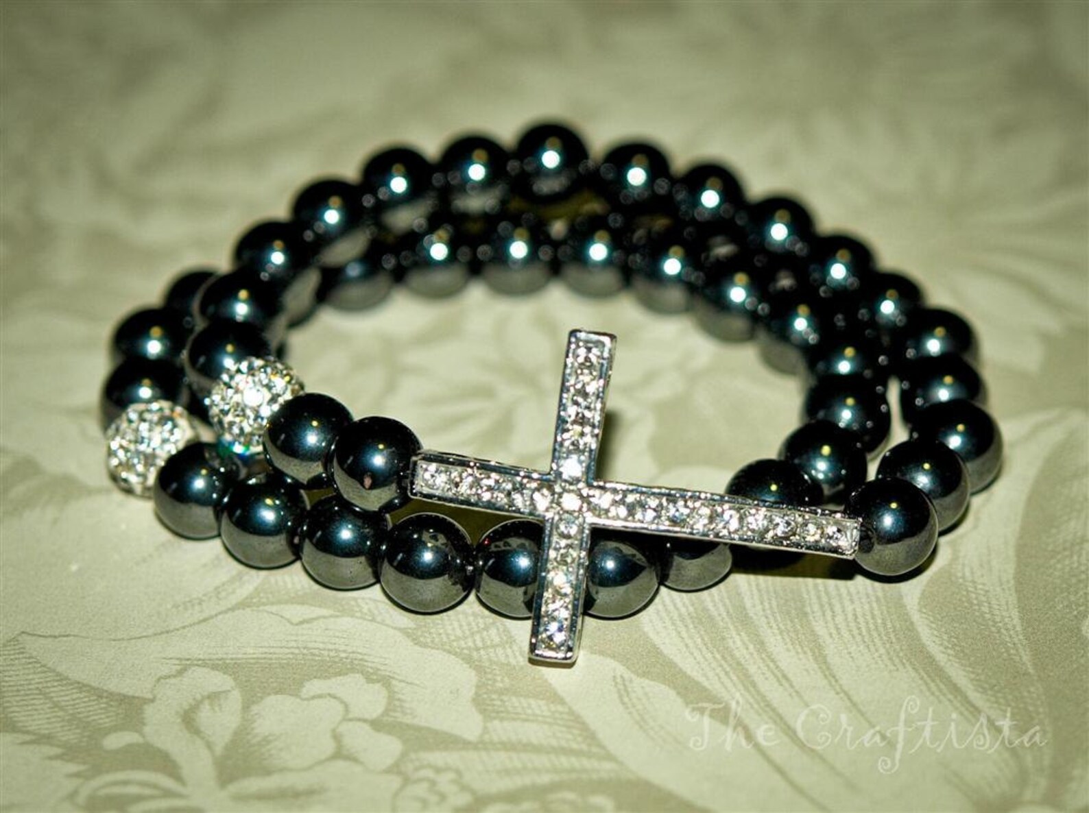 Sideways Cross Bracelet, 2 Bracelets, Rhinestone Silver Cross, Hematite ...