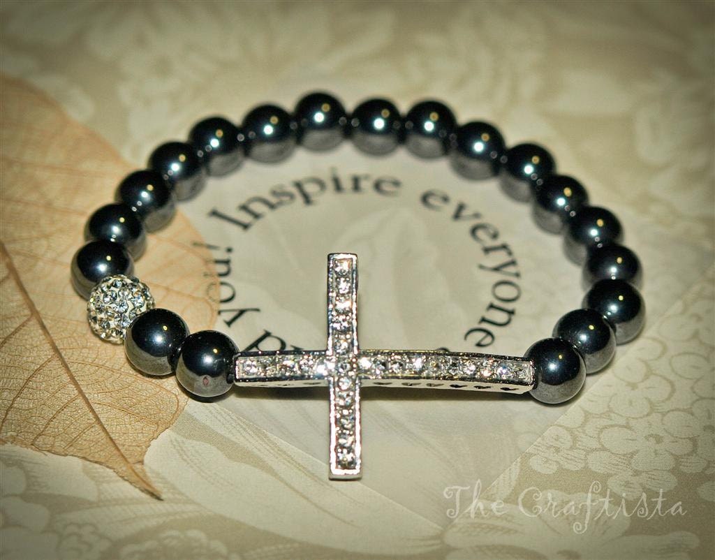 Sideways Cross Bracelet Rhinestone Silver Cross -- Hematite Beads - Etsy