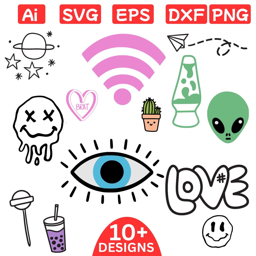 Y2K Doodle Clipart Bundle – Alien, Evil Eye, Smiley Designs (digital ...