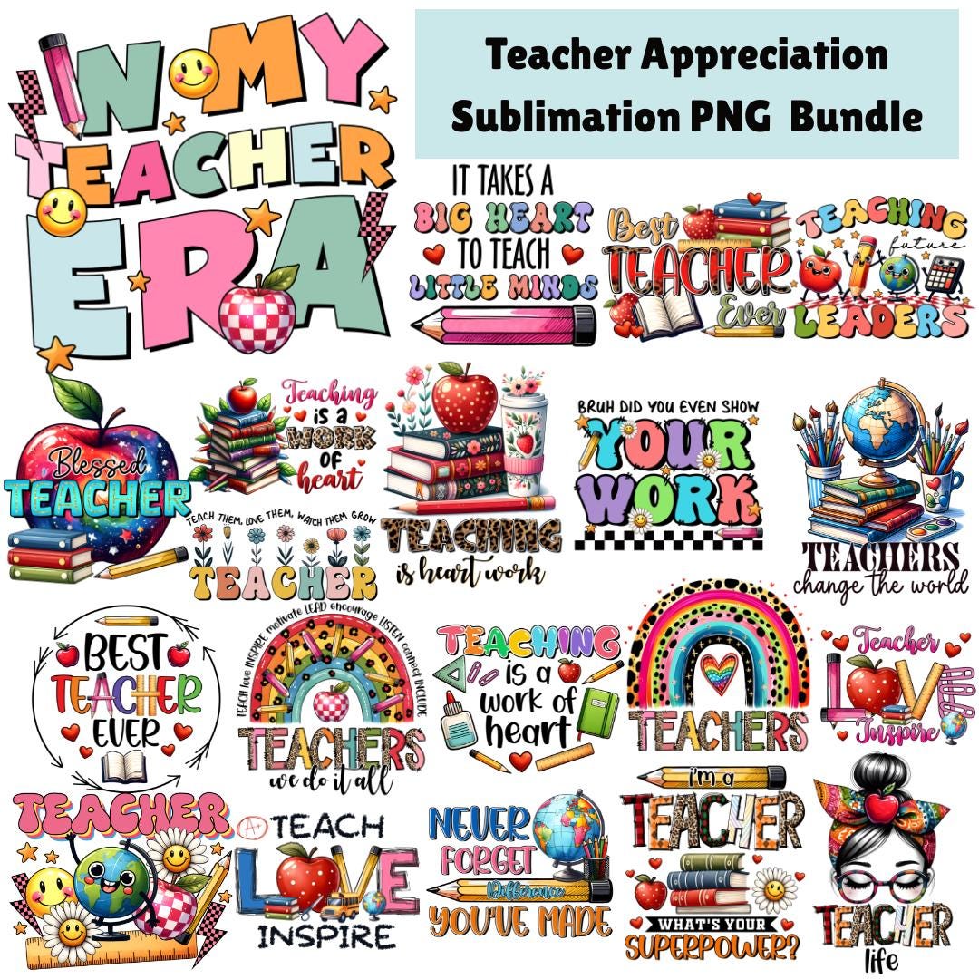 Teacher Appreciation PNG Bundle, Colorful Teacher Designs (digital ...