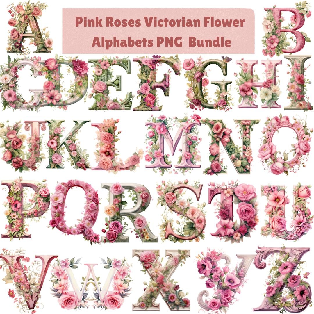 Pink Roses Victorian Alphabet PNG Bundle | Vintage Floral Monogram ...