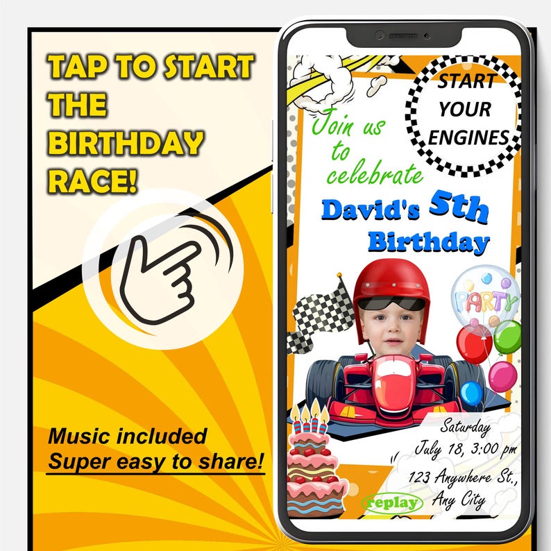Race Car Birthday Invitation, Personalized Photo Video Party Invite - Etsy