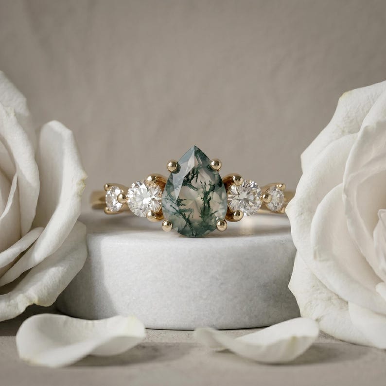 Pear Moss Agate Engagement Ring, Teardrop Green, Moissanite Wedding ...