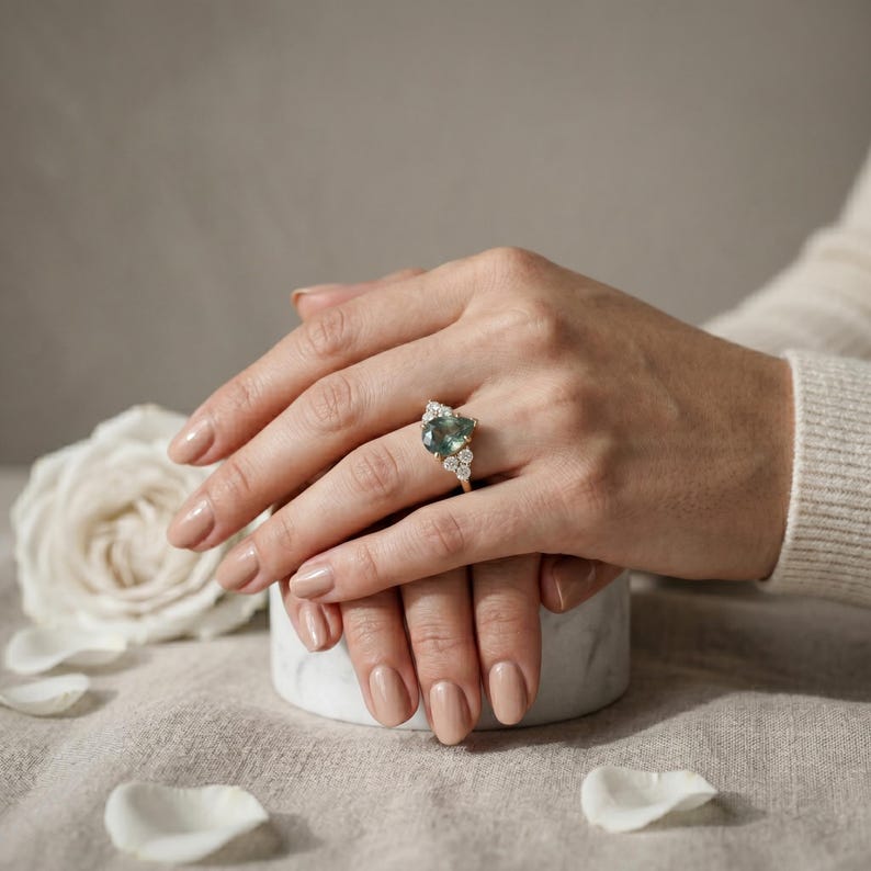 Pear Moss Agate Engagement Ring, Teardrop Green, Moissanite Wedding ...