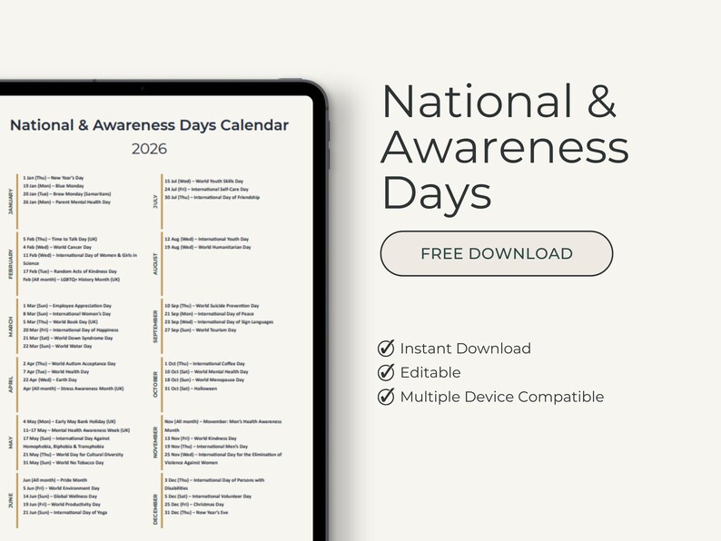 Workplace Awareness Days Calendar 2026 | HR Planning Tool (printable ...