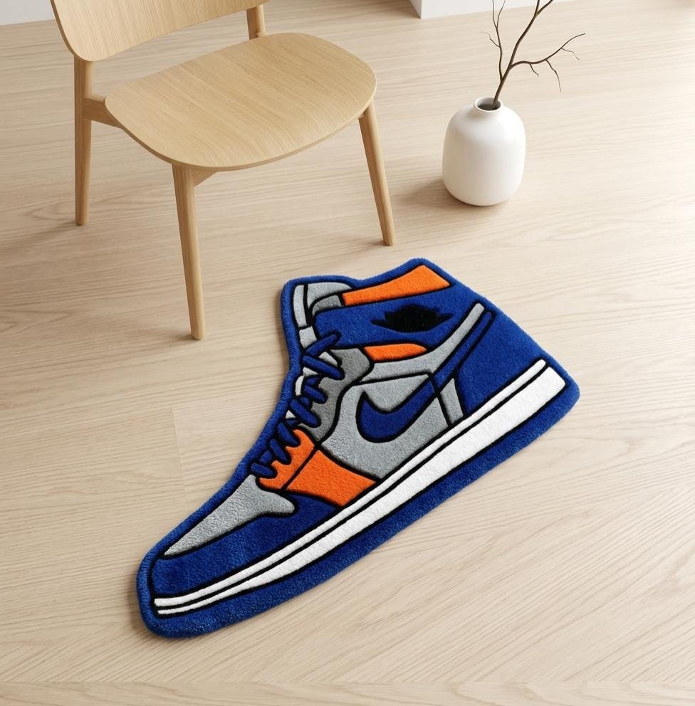 Custom Sneaker Rug, Hand Tufted Hypebeast Decor, Blue and Orange ...