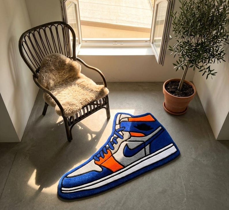 Custom Sneaker Rug, Hand Tufted Hypebeast Decor, Blue and Orange ...
