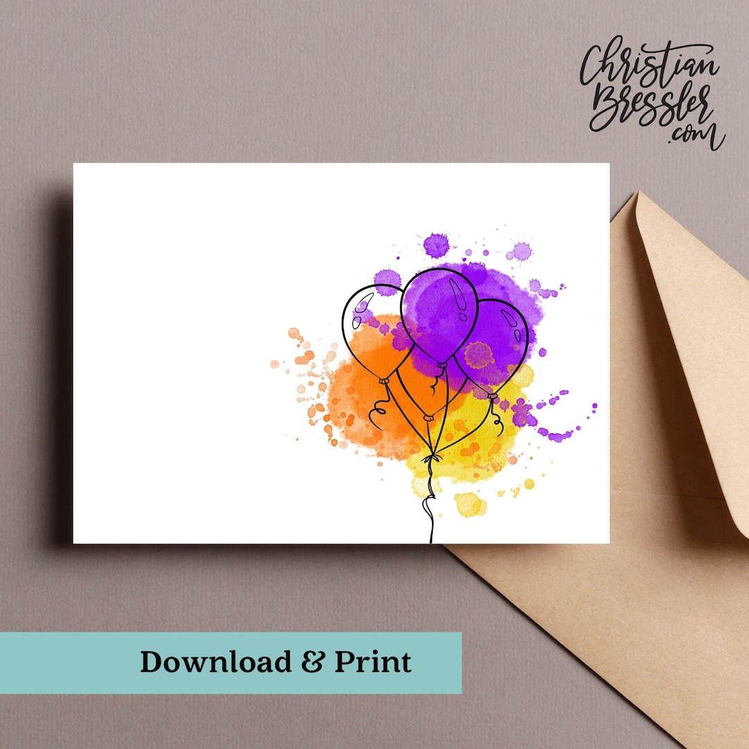 Watercolor Birthday Balloons Card PRINTABLE | Digital Birthday Card ...
