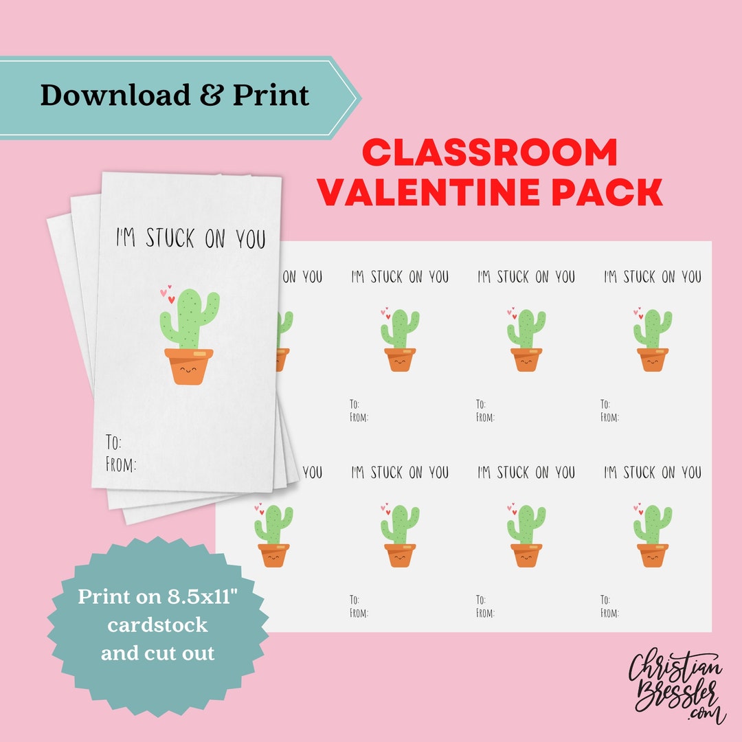 Stuck on You Classroom Valentines Cards PRINTABLE | Digital Classroom ...