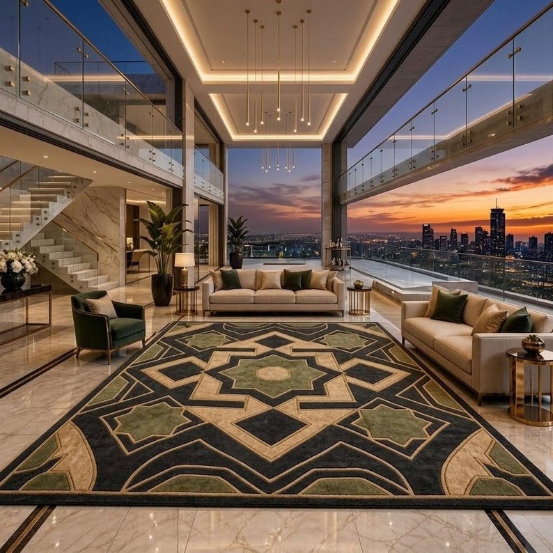 Art Deco Geometric Area Rug, Emerald Green Gold Starburst Carpet, Mid ...