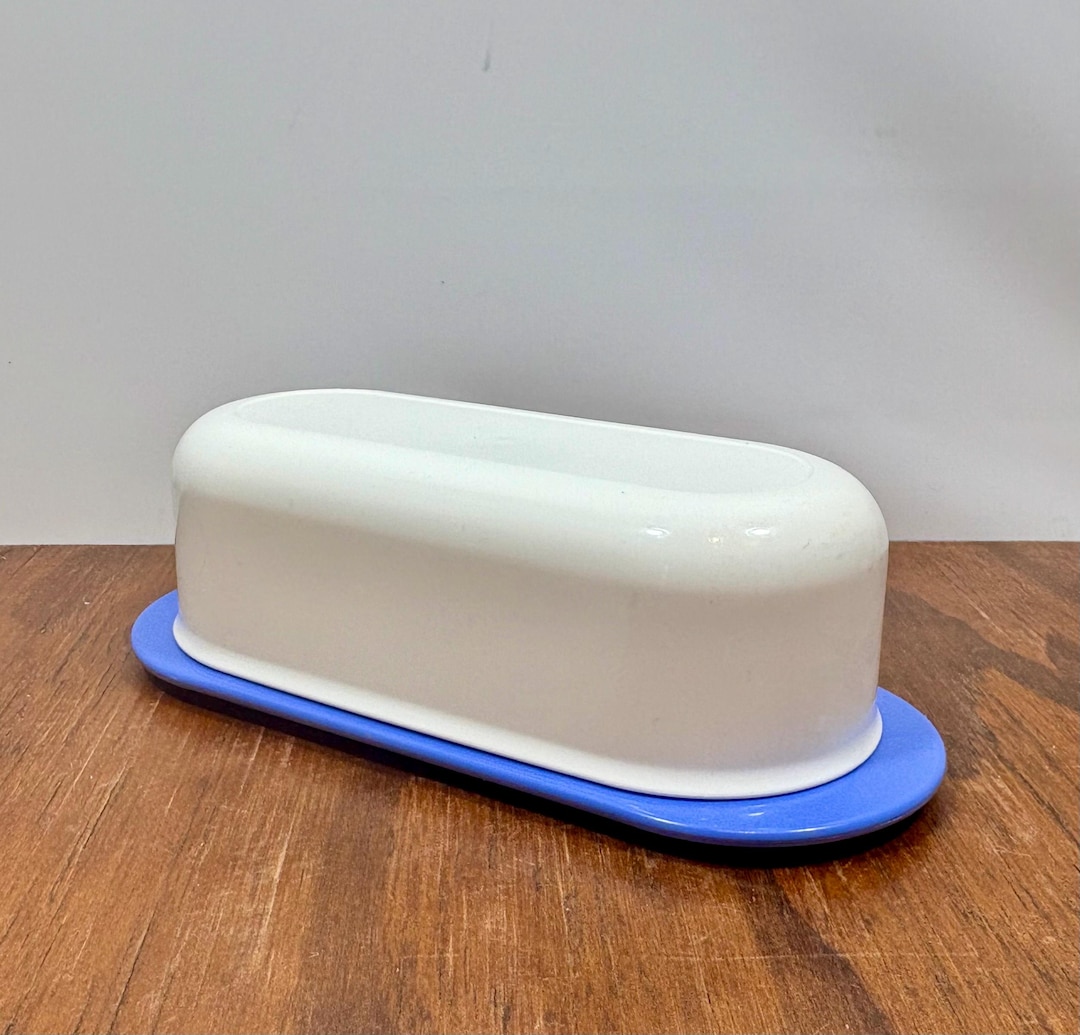Vintage Tupperware Impressions Covered Butter Dish – White & Periwinkle ...