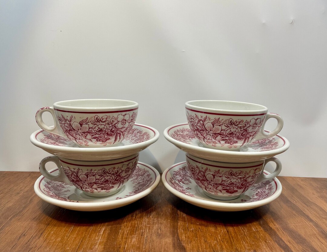 Shenango China Avon Cups and Saucers Set of 4 Red Floral With Band ...