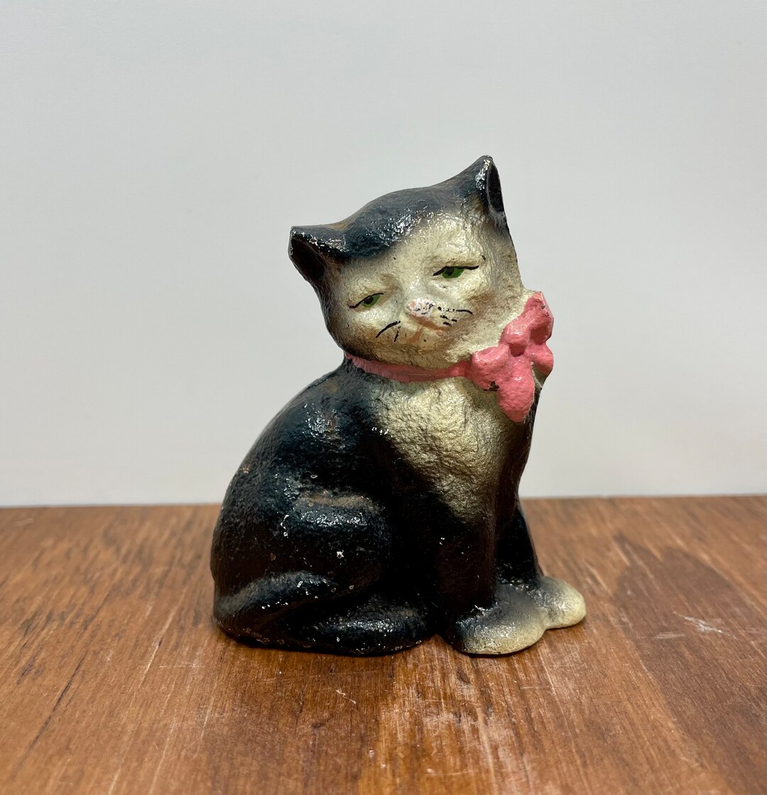 Hubley Cast Iron Cat Paperweight Black Long Haired Cat With Pink Bow - Etsy