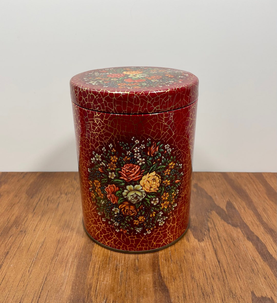 Vintage Daher Red Floral Tin Storage Container English Roses Red and ...