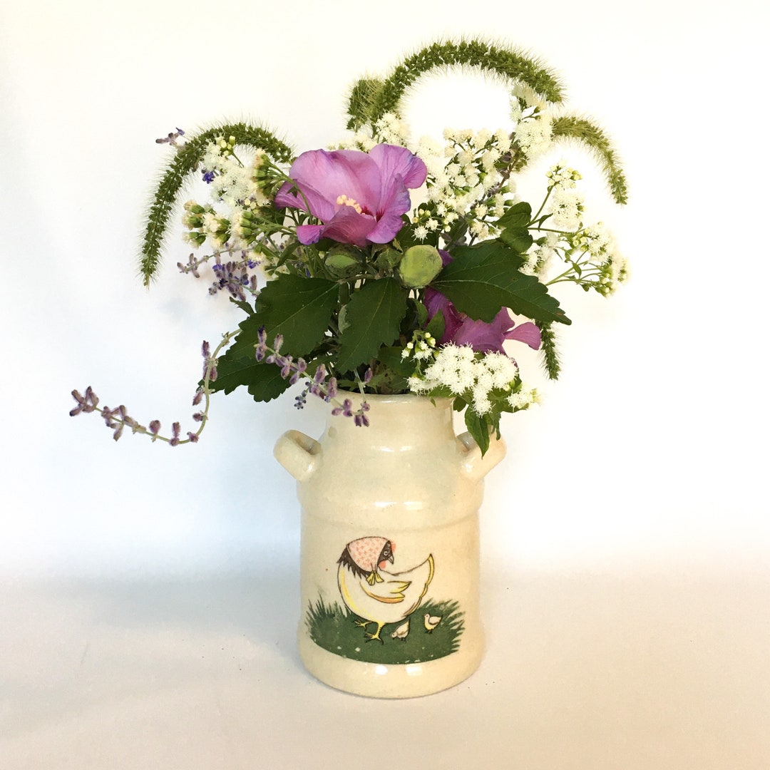 Vintage Milk Jug Shaped Utensil Holder Ceramic Container With Hen and ...