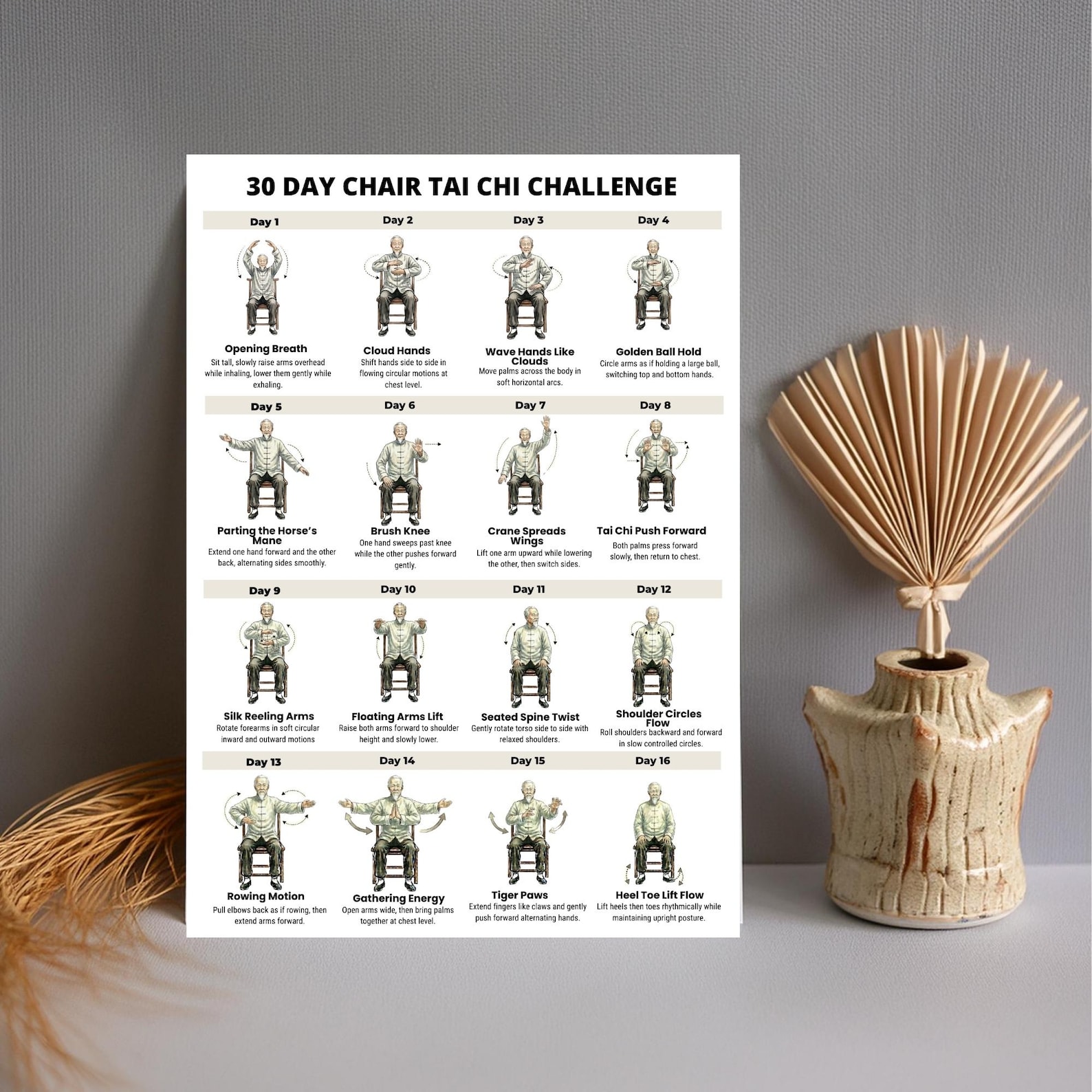 30 Day Chair Tai Chi Challenge Printable Chart, Seated Tai Chi ...